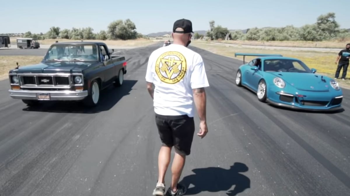 Porsche 911 GT3 Races A Chevy C10 With LS3 Swap